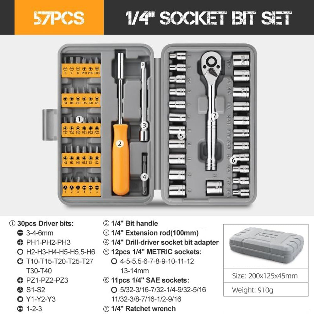 57 PCS 72 Teeth Ratchet Hand Tool Socket Set 1/4"-3/8" Metric Tool Kit