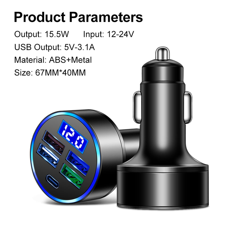 Fast Charger 15.5W 4USB+PD Type-C Car Charger Adapter Electronics Acce